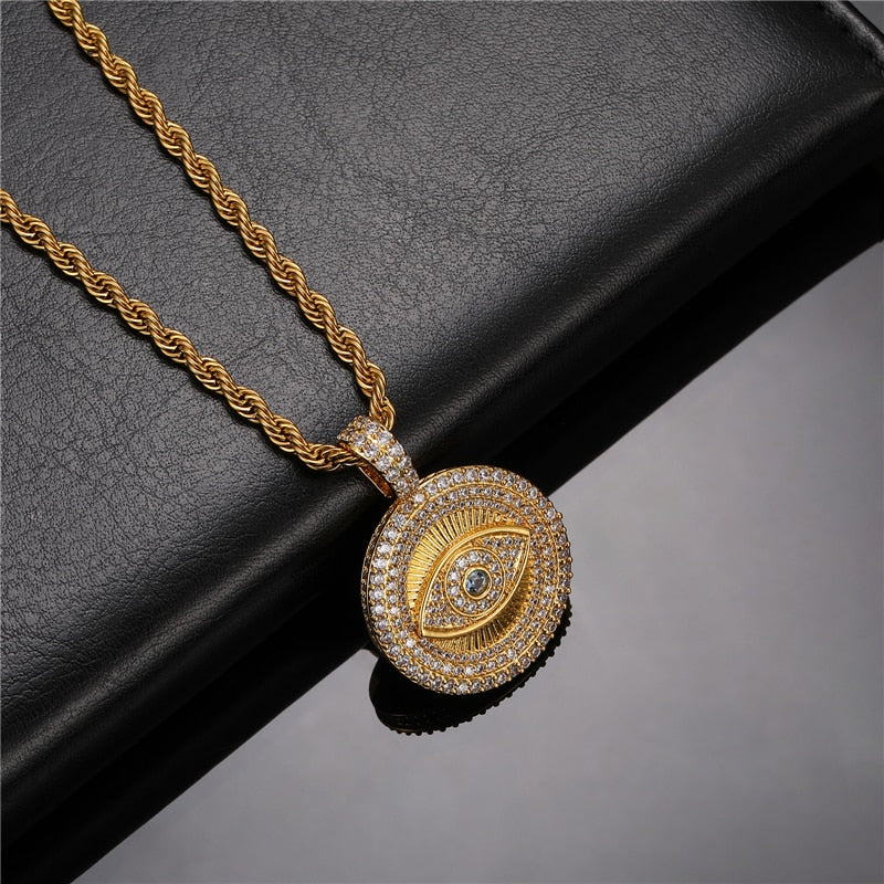 HIP HOP ICED OUT EVIL EYE AAA BLING CUBIC ZIRCONIA NECKLACES PENDANTS FOR MEN WOMEN RAPPER JEWELRY WITH SOLID BACK